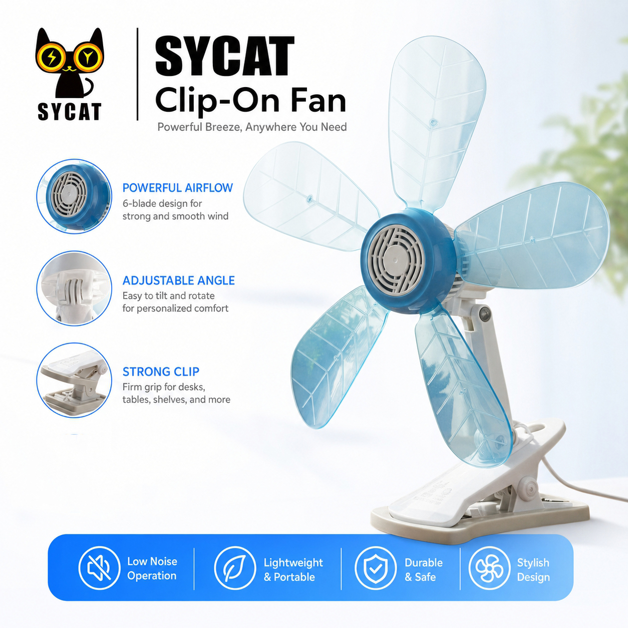 SYCAT Home Electric Fan W/ Clip, Clover Fan Anti-Heat Portable Clip ...