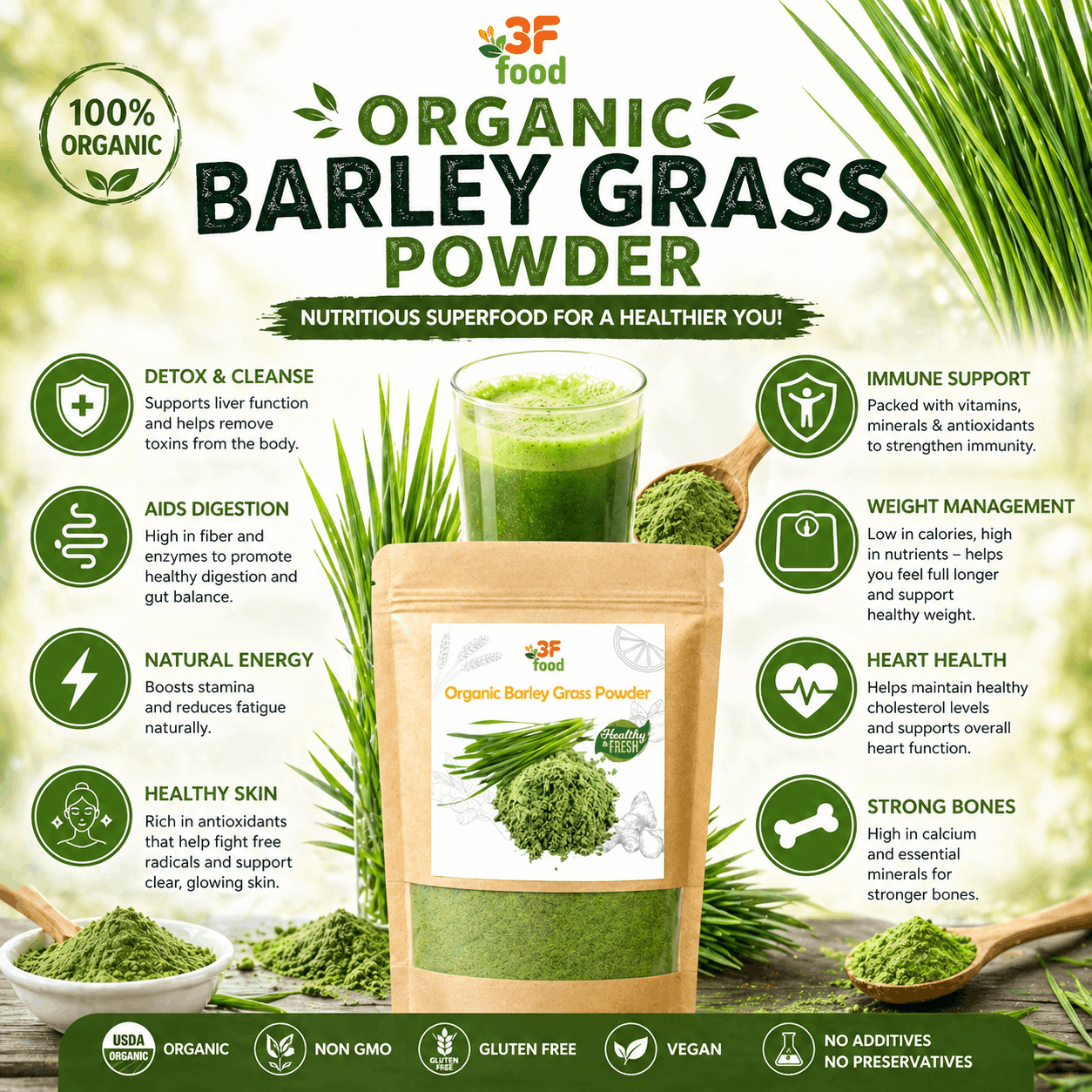 Organic Barley Grass Powder No Sugar Green Detox Drink Mix High Fiber ...