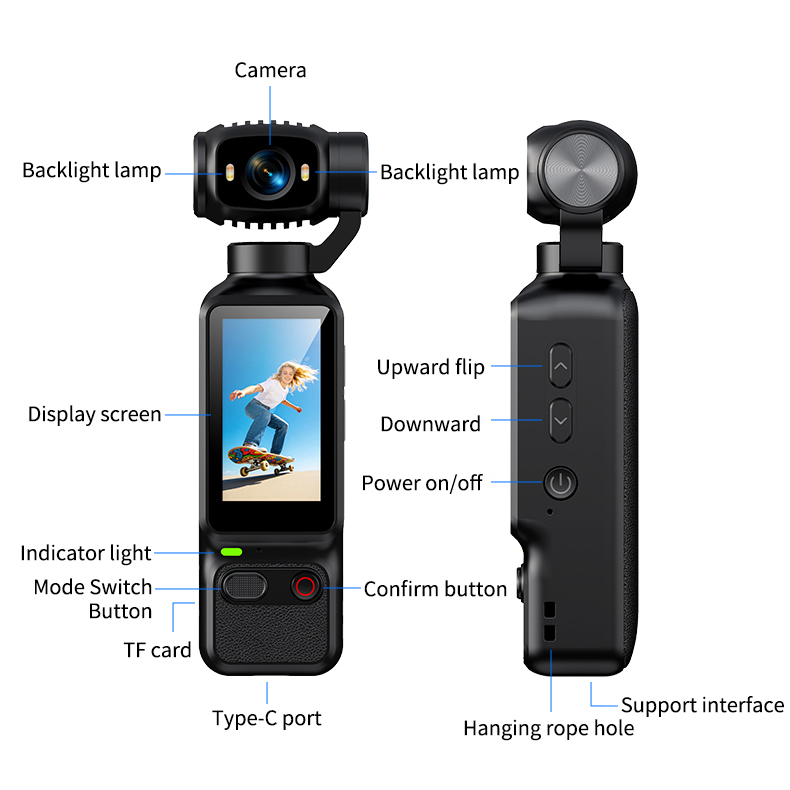 4K Action Camera 180° Rotatable Lens Fill Light Handheld Sports ...