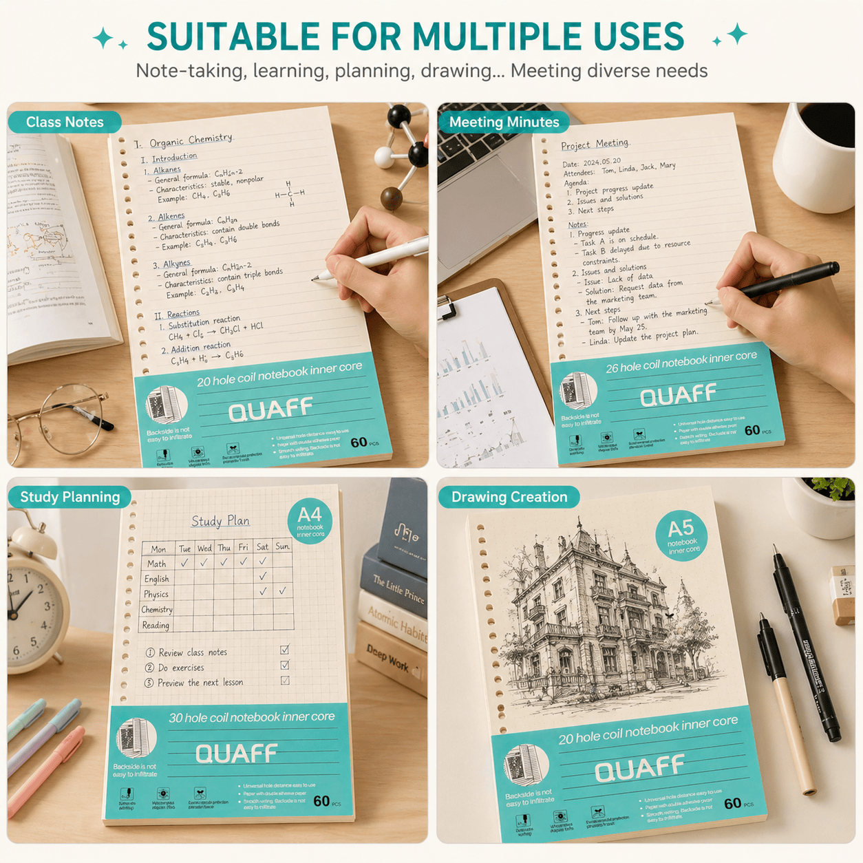 QUAFF Loose-Leaf Binder Notebook A5/B5/A4 60 Sheets Refillable School ...
