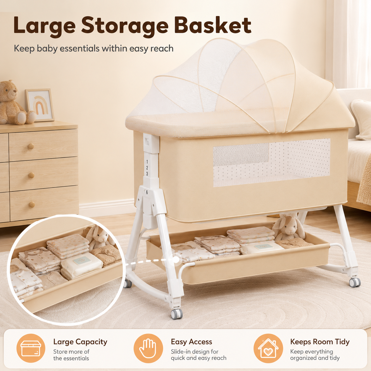 Crib for Baby Cradle With Mosquito Net Adjustable Foldable Wood Grain ...