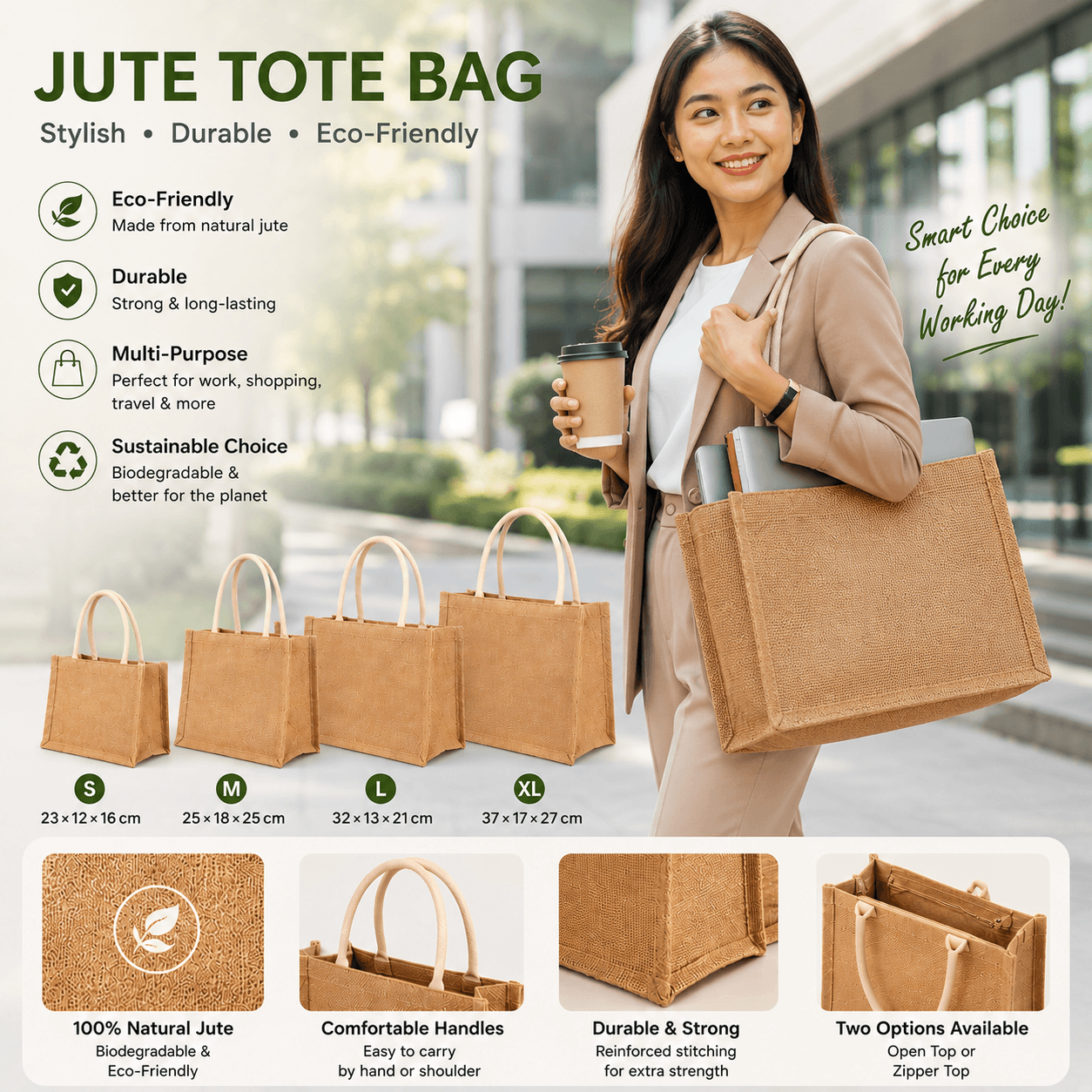 ABACA Multi Purpose Jute Tote Bag Reusable Grocery Bag with Long Handle ...