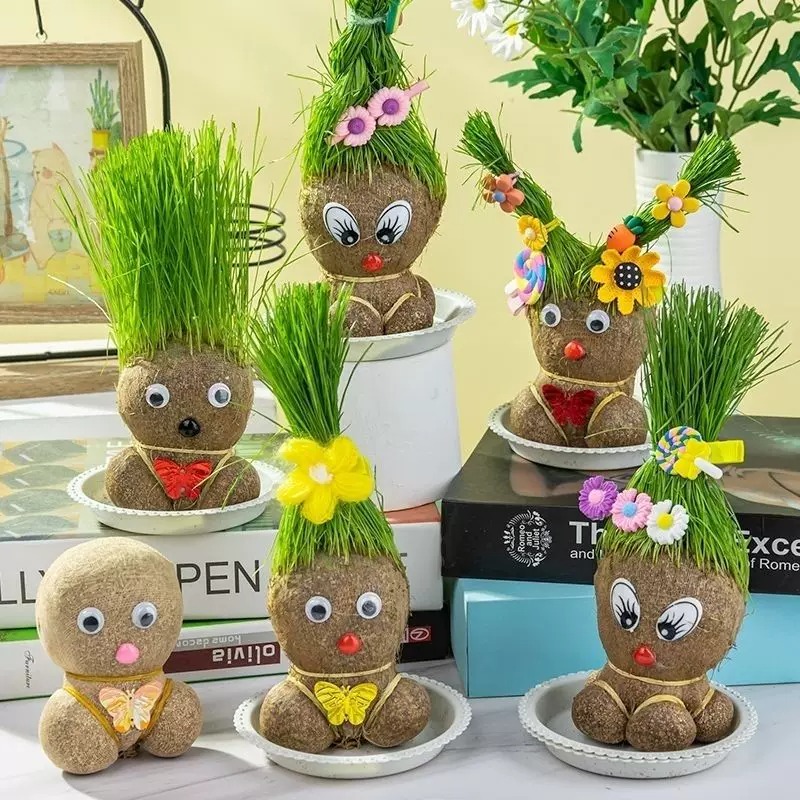 Set of 2 Grass Head Doll Growing Kit – Cute Plant Growing Toys for Kids ...