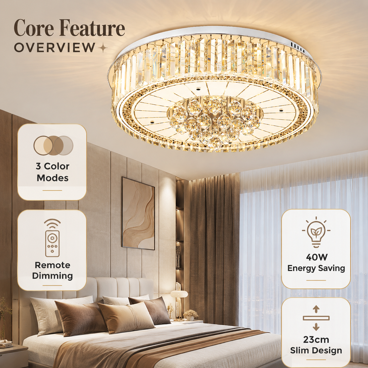 LED Crystal Ceiling Light Energy Saving 200W Remote Dimmable 3 Color ...