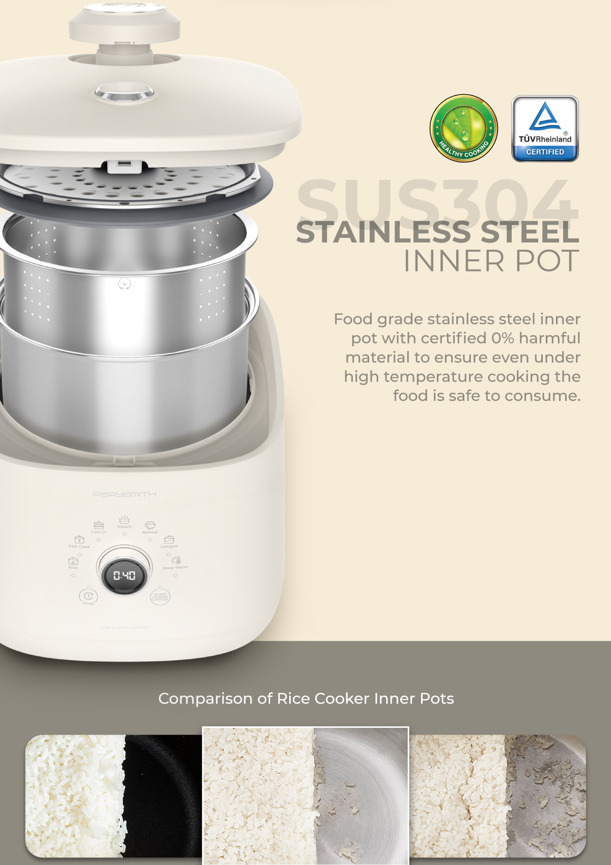PerySmith Rice Cooker Stainless Steel Inner Pot 24H Timer and Digital ...