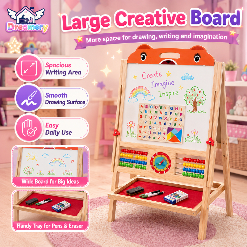 Kids Drawing Board Adjustable Wooden Easel Whiteboard Educational ...