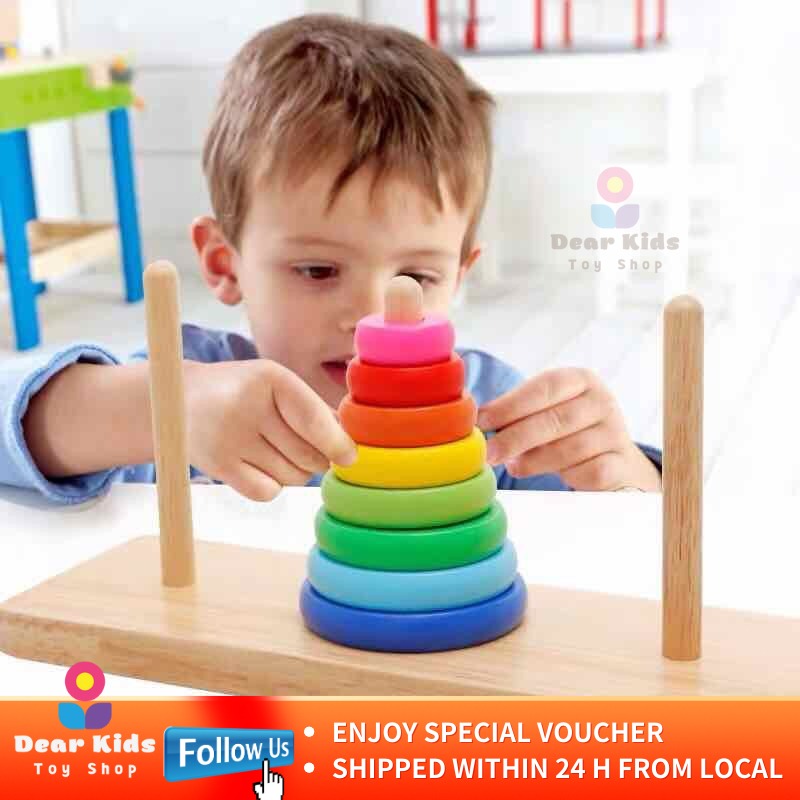 XCORE-8 Rings Tower of Hanoi Learning Wooden Toys 8-story Rainbow Tower ...
