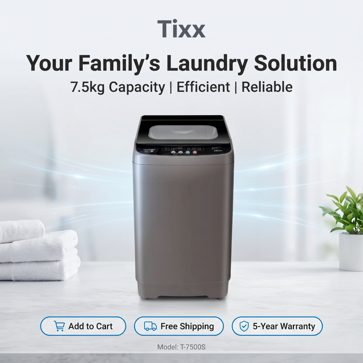 XTTX&Tixx 7.5KG Washing Machine Fully Automatic 1.31 High Wash Ratio ...