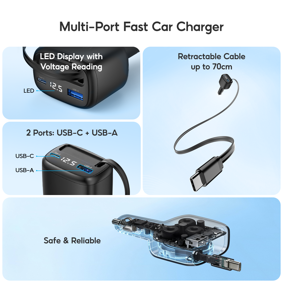 VINKO KV-1 100W Car Charger Fast Charging Build-in Retractable 70cm ...