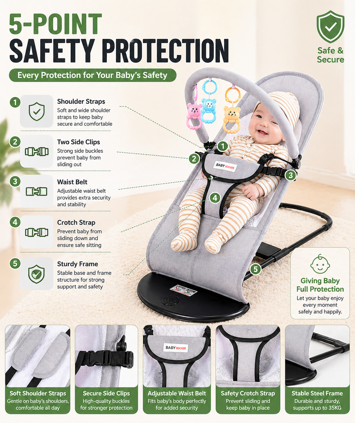 Rocking Chair for Baby Foldable Automatic Swing with Toy Bar Pillow ...