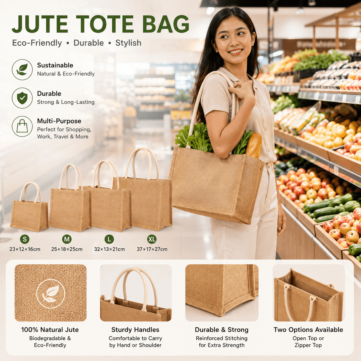 ABACA Multi Purpose Jute Tote Bag Reusable Grocery Bag with Long Handle ...