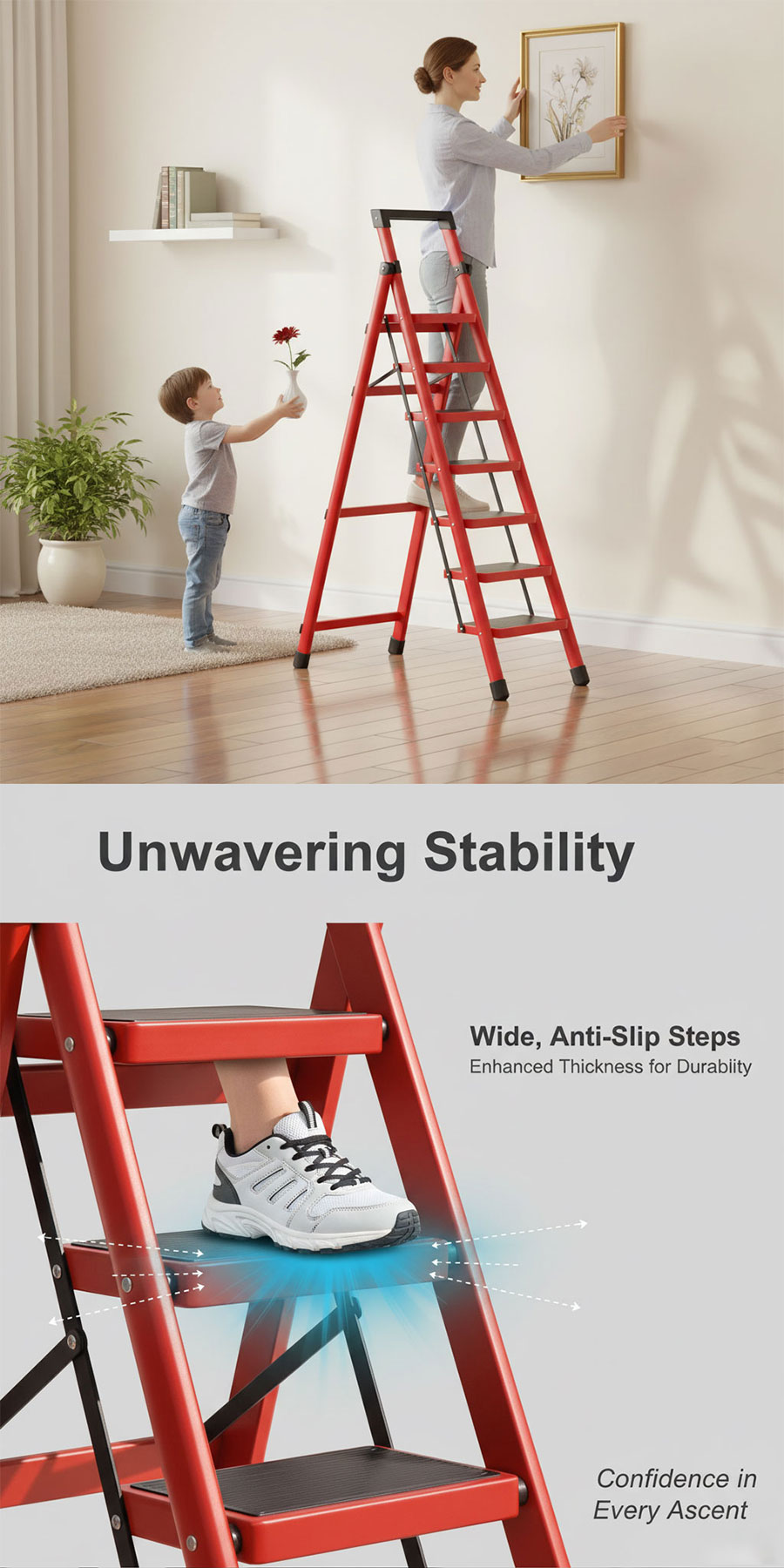 Folding Ladder 3-8 Steps, Anti-Slip Wide Pedal,Heavy Duty 400kg Load ...