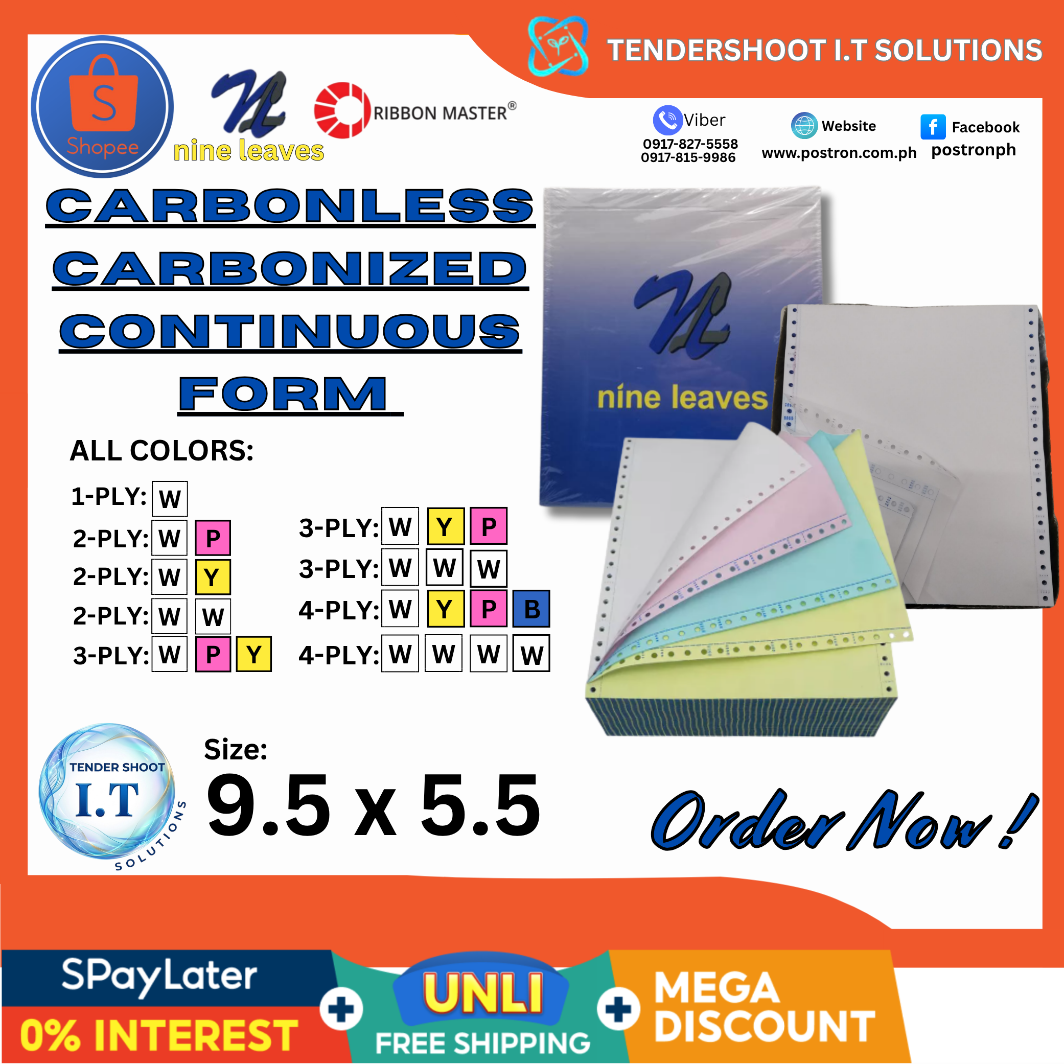 1Ply, 2Ply, 3Ply, 4Ply Carbonless Carbonized Continuous Form 9.5x5.5 ...