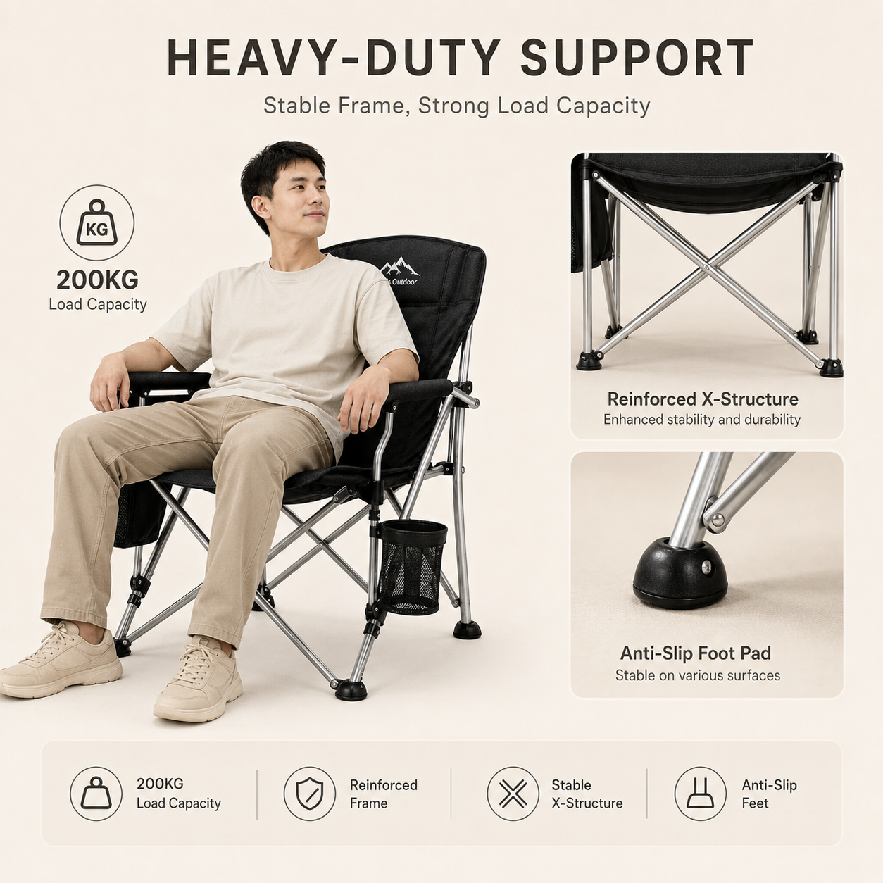Portable Folding Camping Chair Heavy Duty 200KG Outdoor Beach Picnic ...