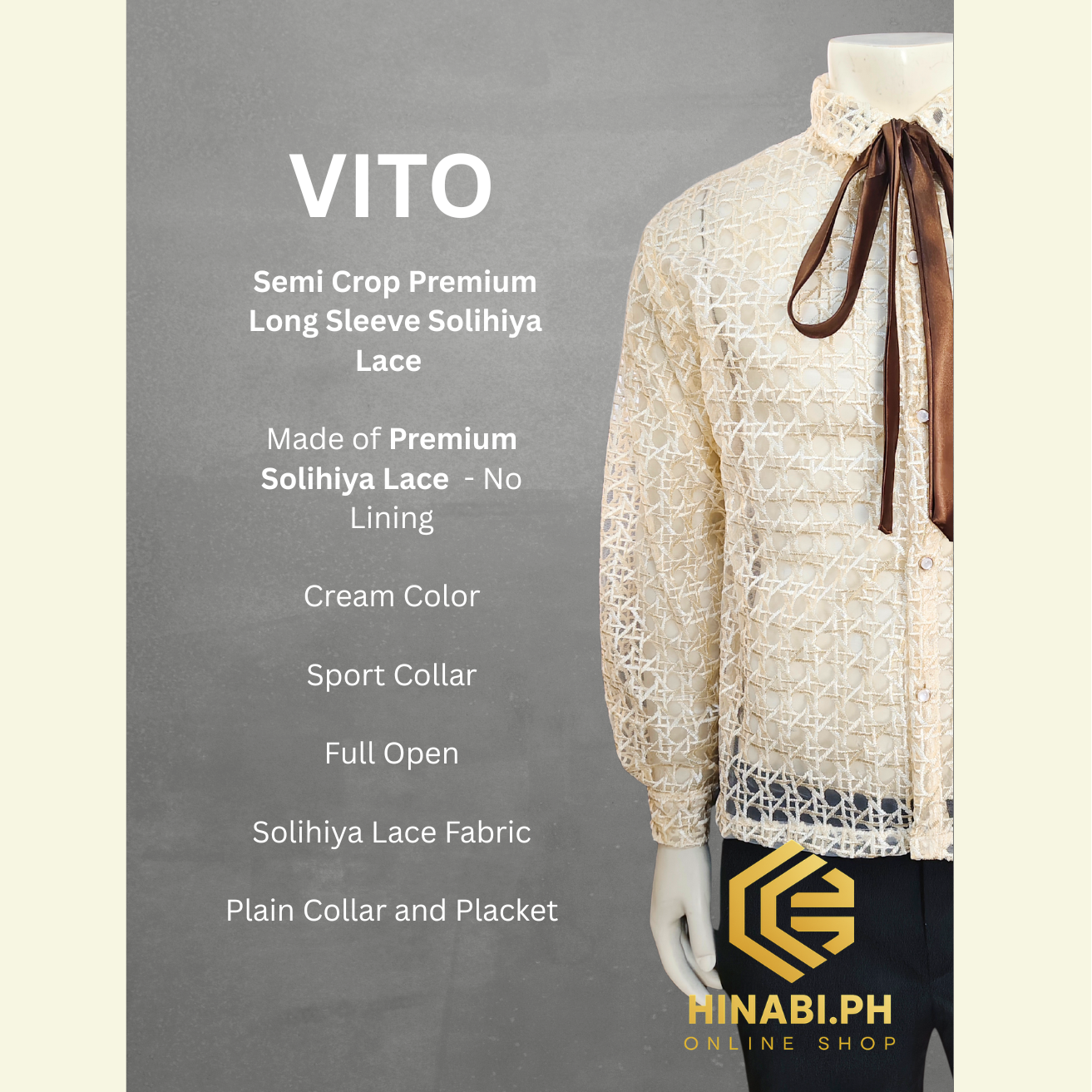 Premium Semi-Crop Long Sleeve Barong for Men, Solihiya Lace, No lining ...