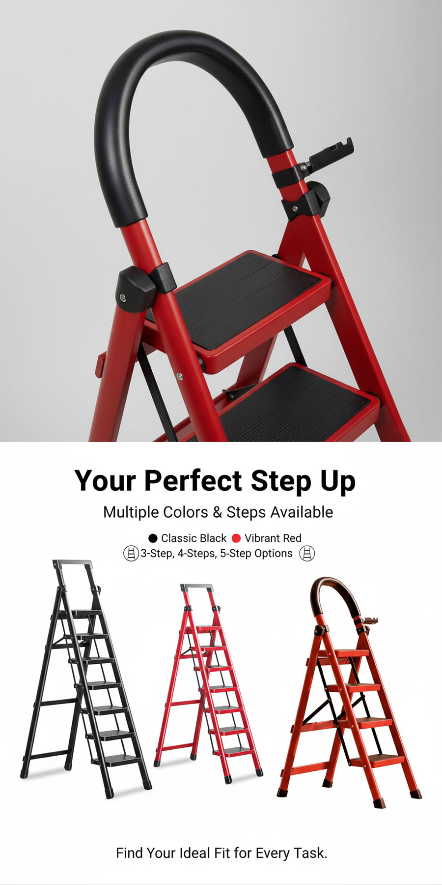 Folding Ladder 3-8 Steps, Anti-Slip Wide Pedal,Heavy Duty 400kg Load ...