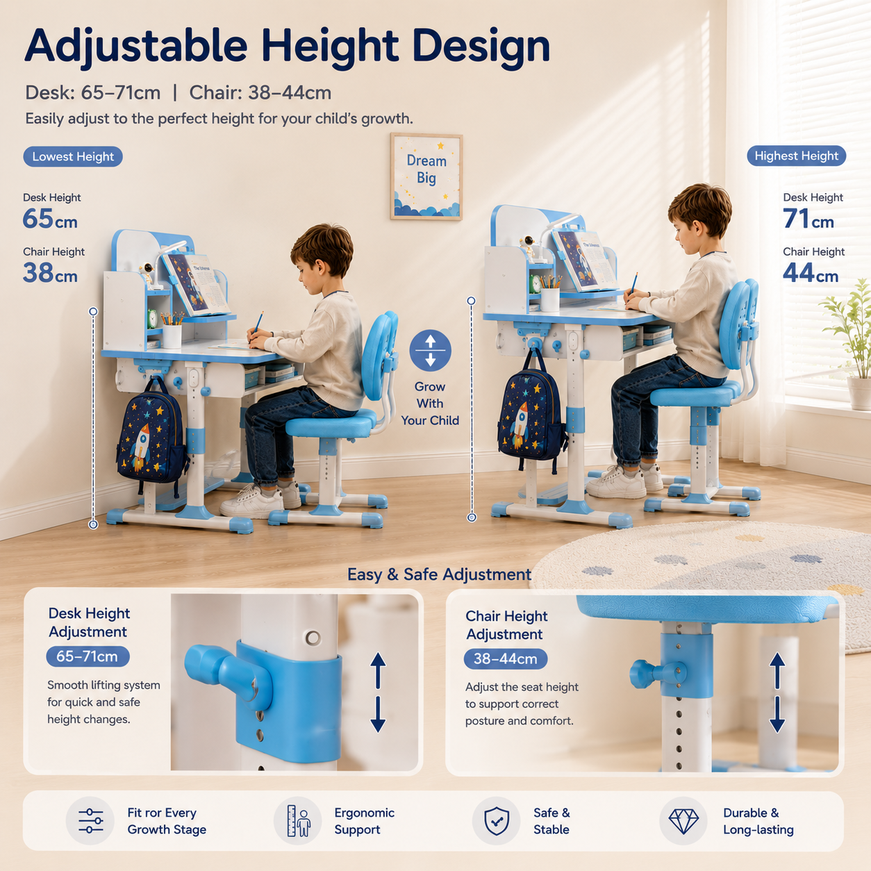 Kids Study Desk and Chair Set Adjustable Height Ergonomic Posture ...