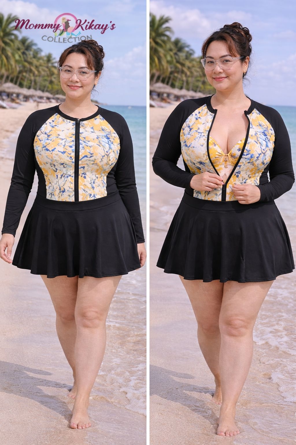 Mommy Kikay 2in1 Plus Size Swimsuit with Zipper Rashguard with Skort ...