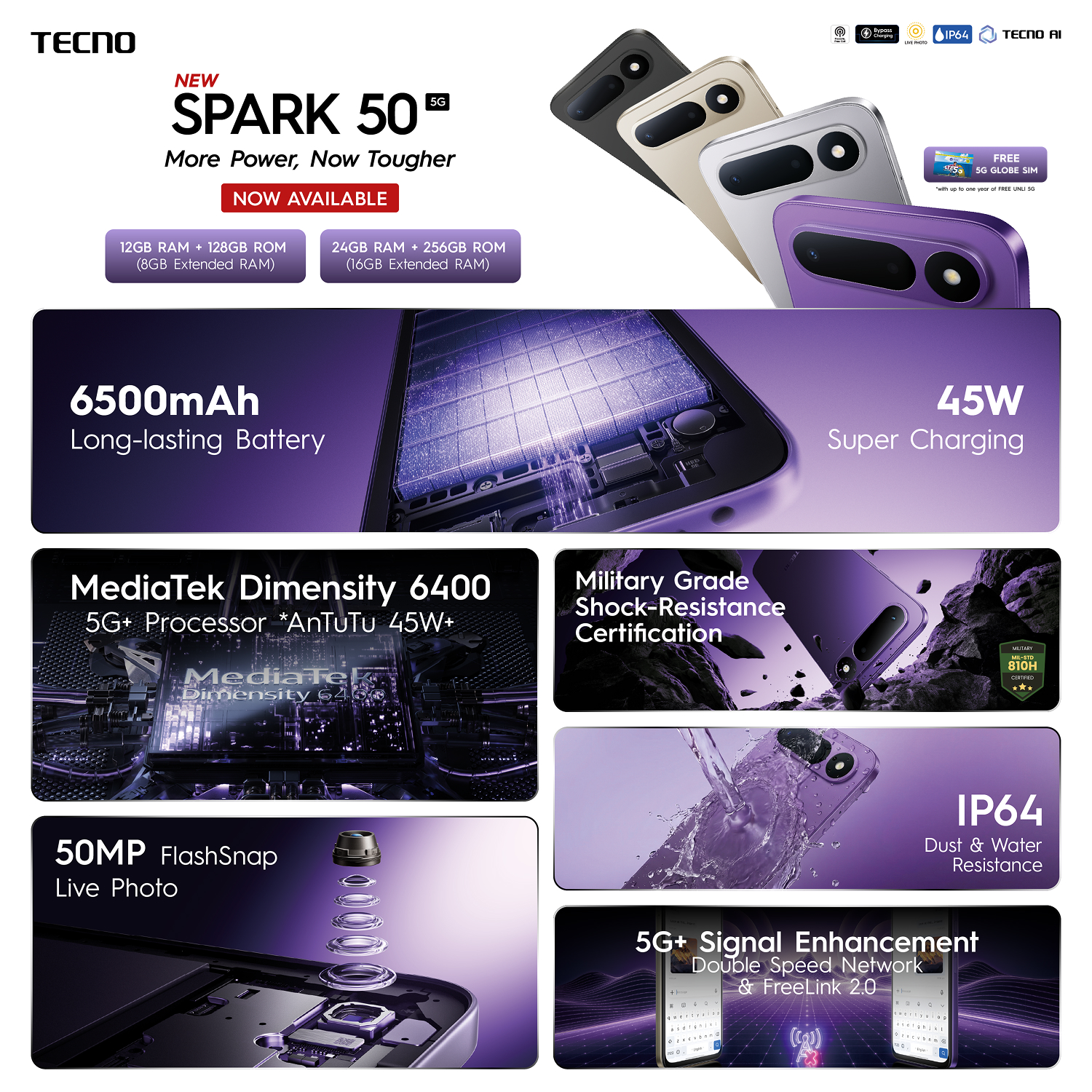 [NEW] TECNO Spark 50 5G 24GB (8+16)+256 | MTK D6400 5G | 6500mAh 45W ...