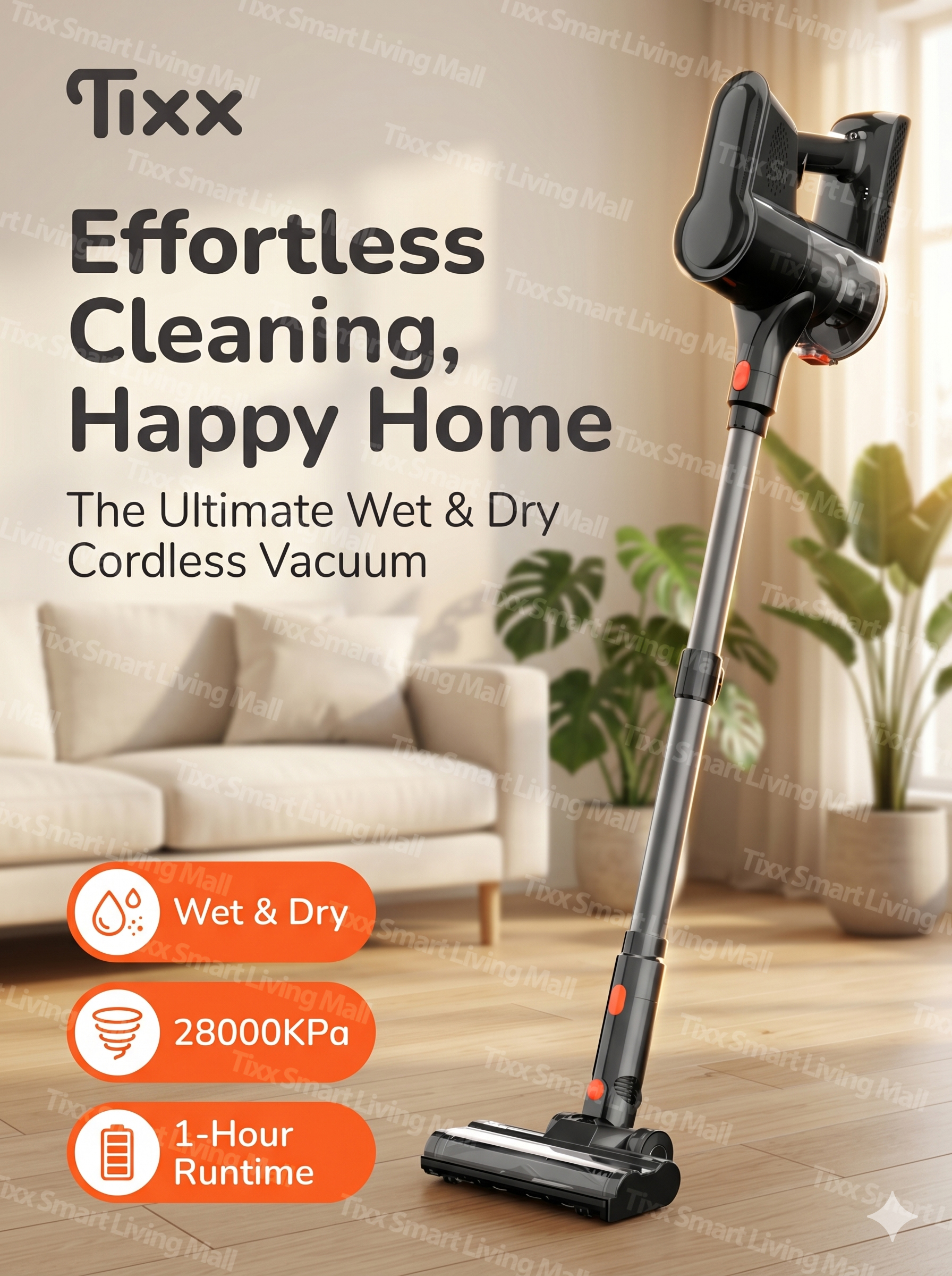 Tixx Vacuum Cleaner for Home 28KPa Cordless Portable Wet and Dry Blower ...