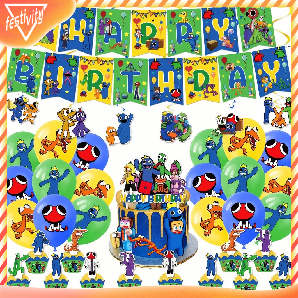 Rainbow Friends Birthday Party Decoration Birthday Banner Cake Topper Latex Balloons Party ...
