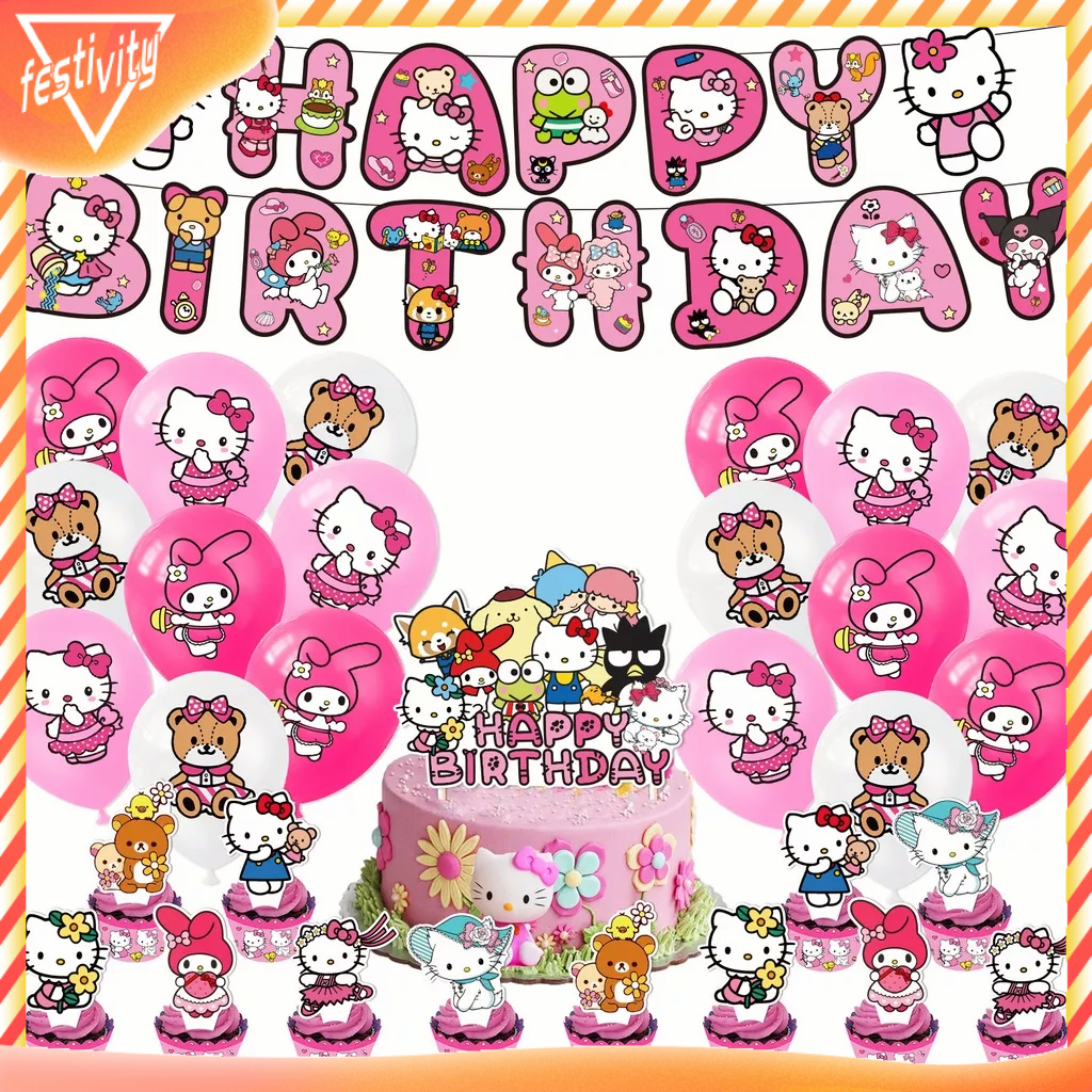 KT Cat Theme Birthday Party Decoration Hello Kitty Flag Cake Topper ...