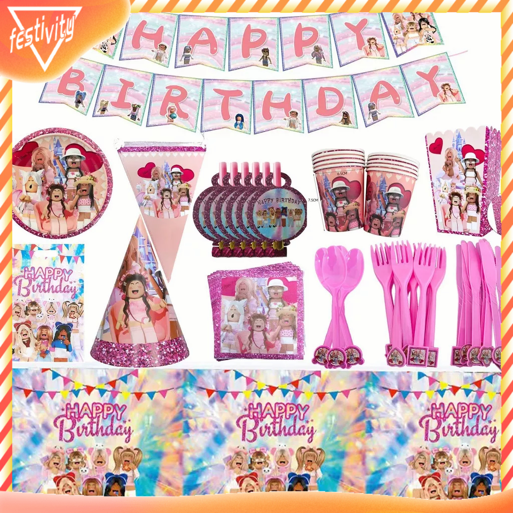 Roblox Pink Birthday Party Supplies Balloon Paper Cups Paper Plates ...