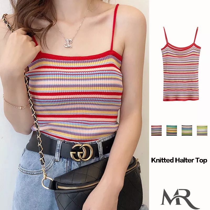 M-R_knitted camisole tops for women rainbow color stripe inner wear ...