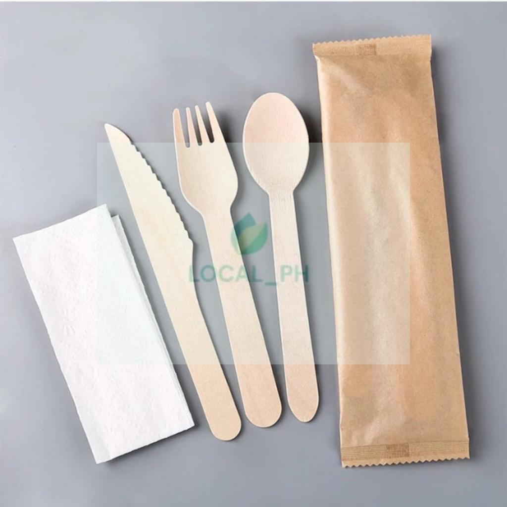 [10 SETS] Bamboo Spoon Fork Knife Tissue Cutleries Sets Eco-friendly ...