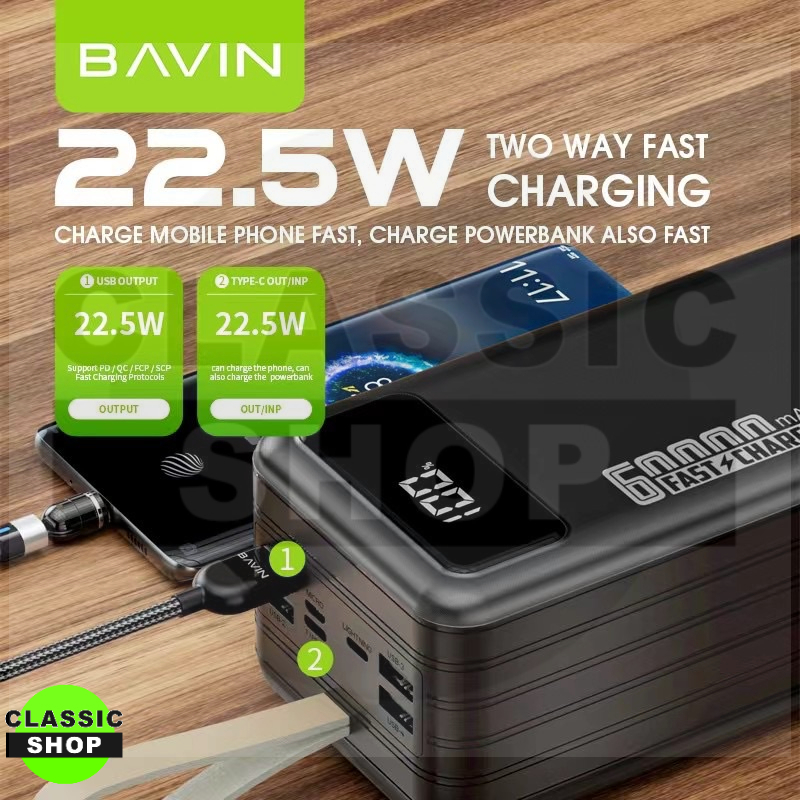 BAVIN PC053 Portable Powerbank 60000mAh Power Bank Fast Charging Built ...