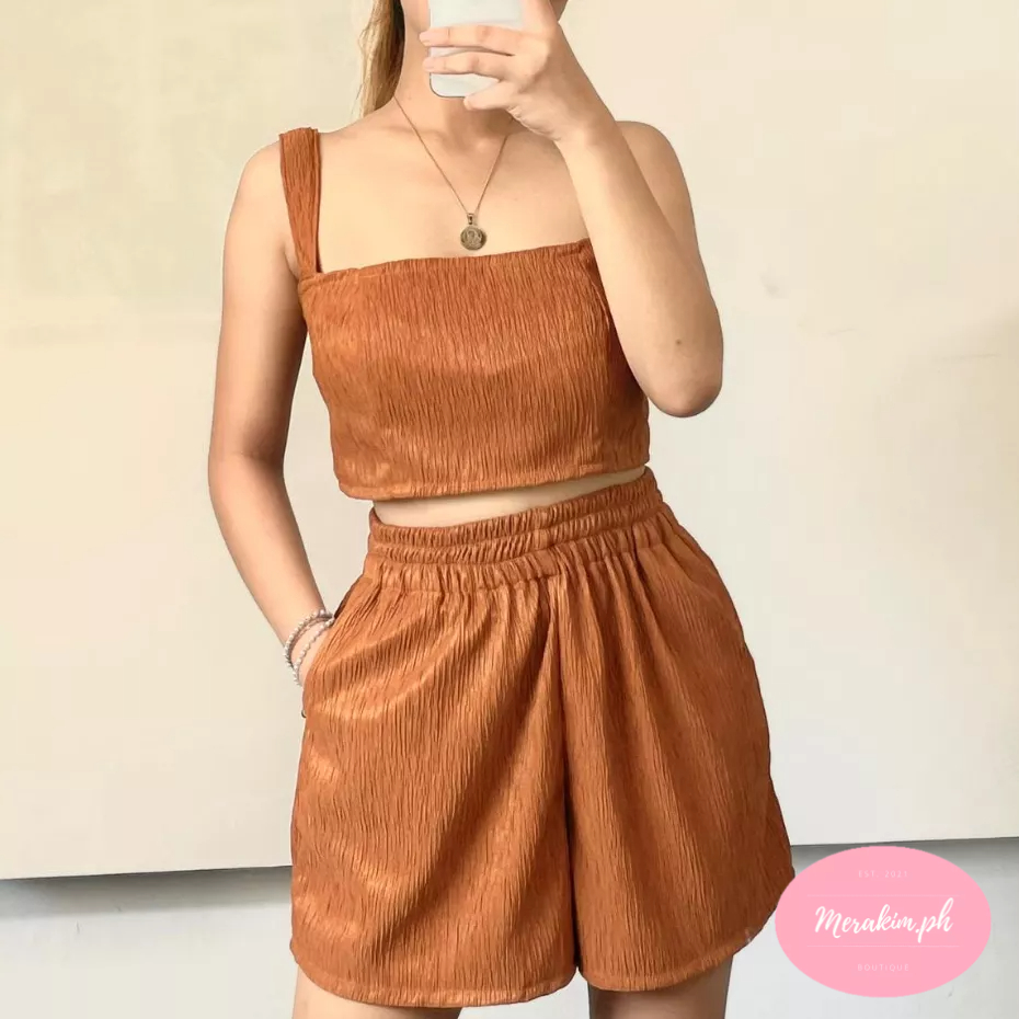 Lara Crop Top + High Waist Short Coordinates Bark Crepe Set | Shopee ...