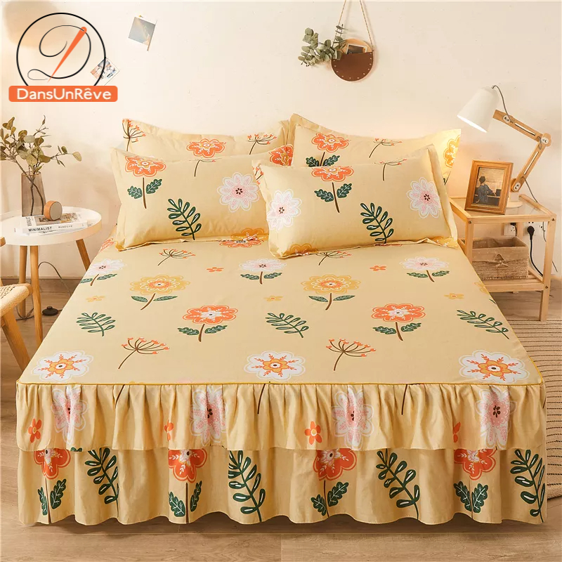 DANSUNREVE 3in1 Bedsheet Set Flower Double Layer Garter Bed Skirt Cover ...