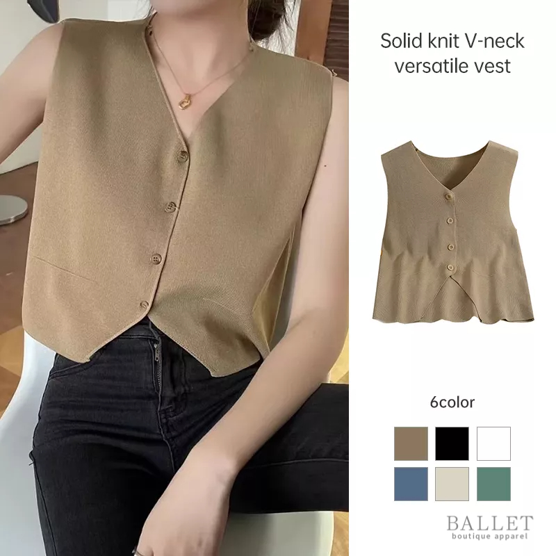 Women's Korean vests vintage V-neck solid color simple knitted ...