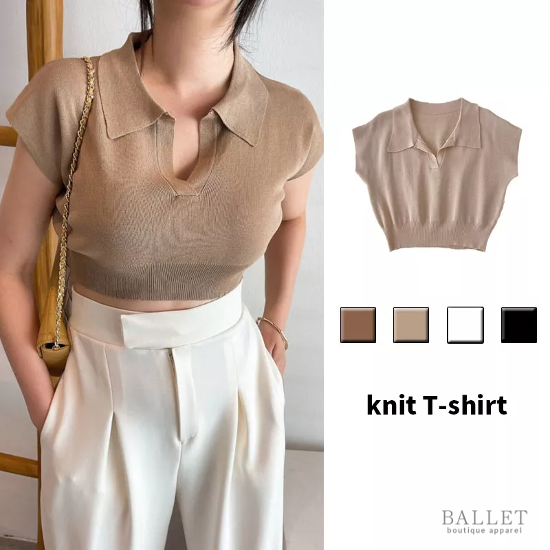 Korean lapel casual short belly button leaky knit T-shirt women BB ...
