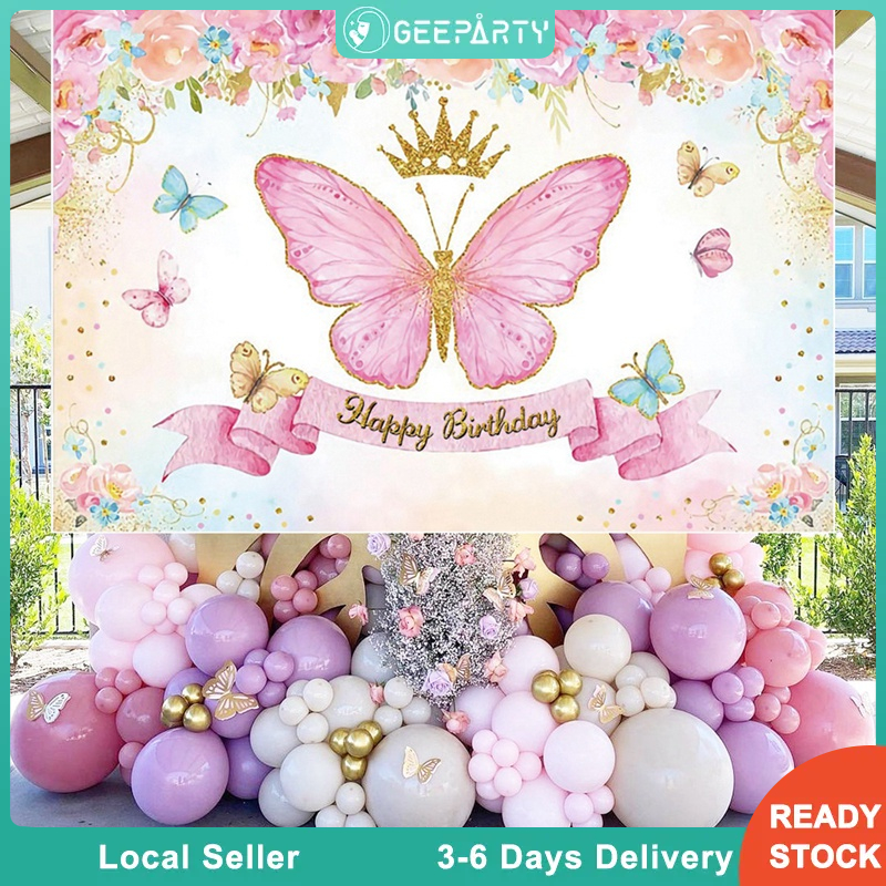 Reusable Polyester Butterfly Birthday Backdrop Happy Birthday Banner ...
