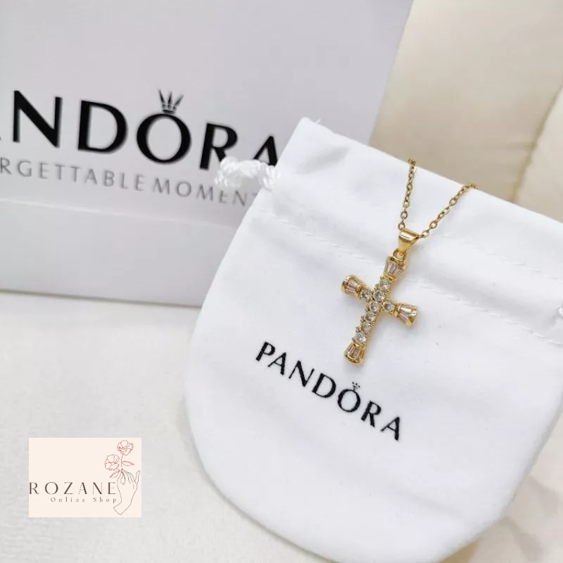Pandora Cross Diamond Studded Gold Necklace | Shopee Philippines