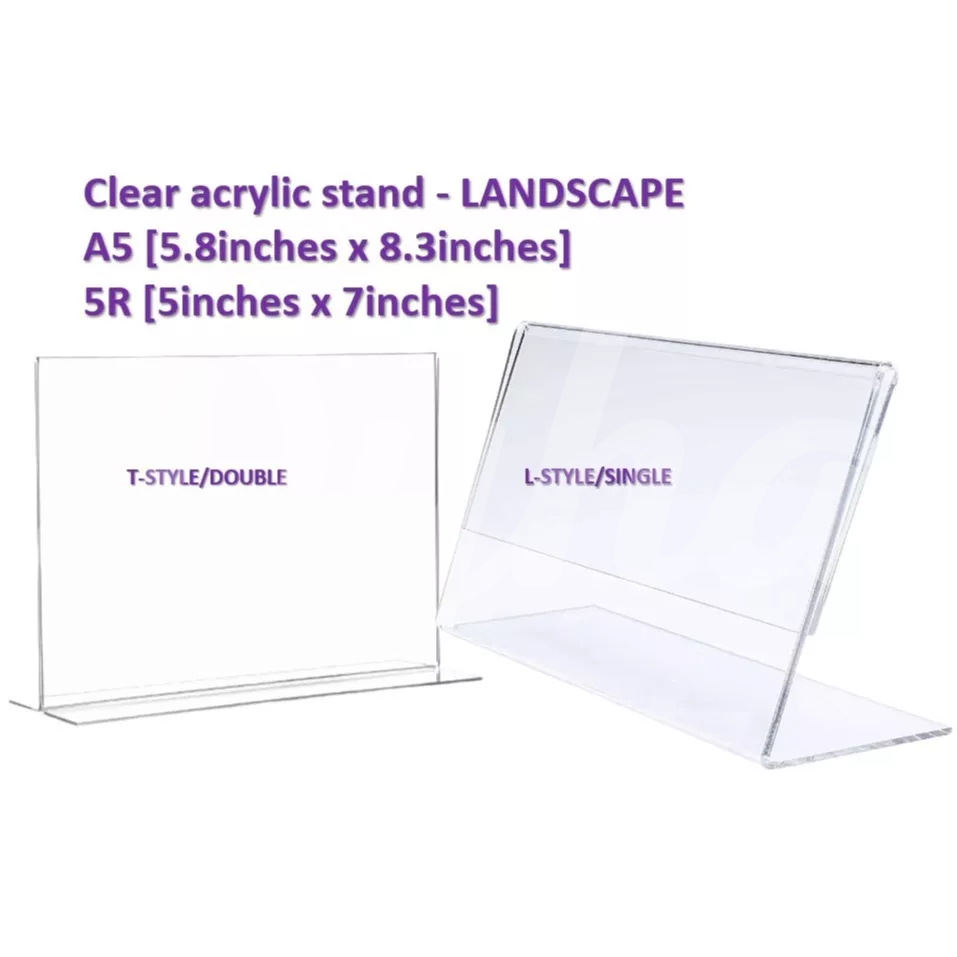 Clear Acrylic Stand A5, 5R LANDSCAPE [double/T and slant/L type] sign photo holder, display ...