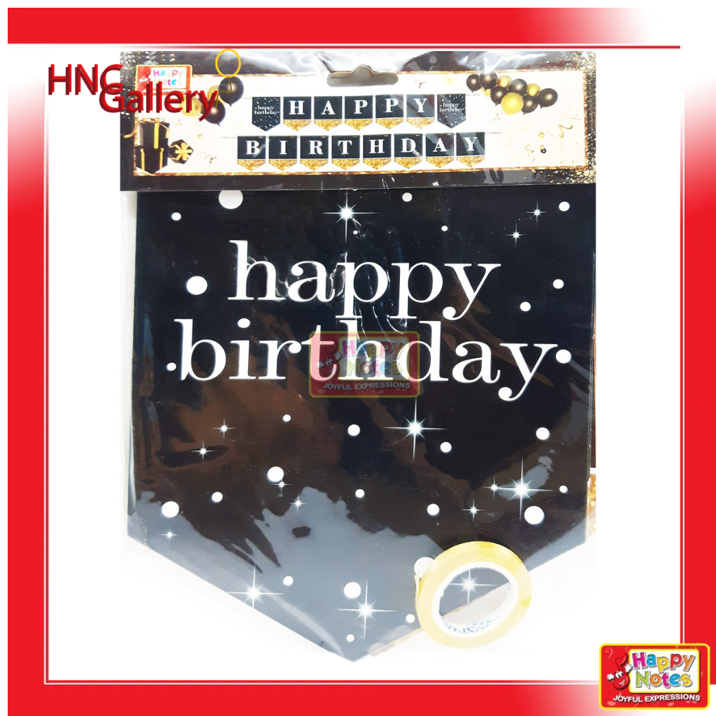 Happy Notes Party Flag Banner (Happy B'day Black w/White HBD Lettering ...