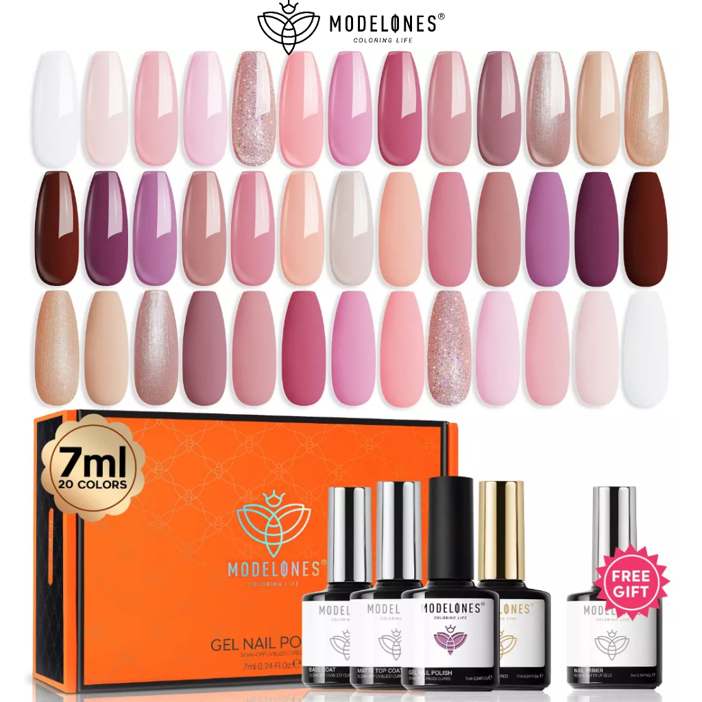 Modelones 24 Pcs Gel Nail Polish Kit 20 Colors Neutral Bubble Bath