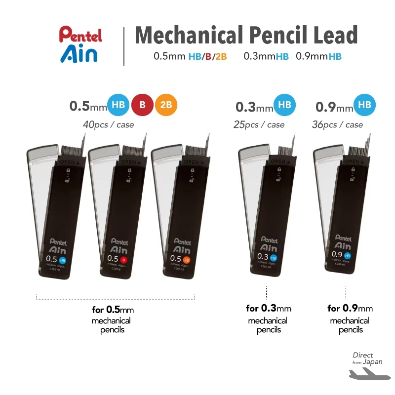 Pentel Ain Mechanical Pencil Lead 0.5mm(HB/B/2B) 0.3mm(HB) 0.9mm(HB) Color Black Mechanical ...