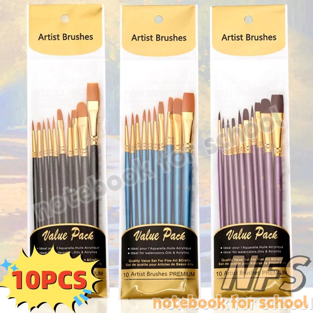 NFS 10PCS Watercolor Paint Brush Set Drawing Acrylic Wooden Handle ...