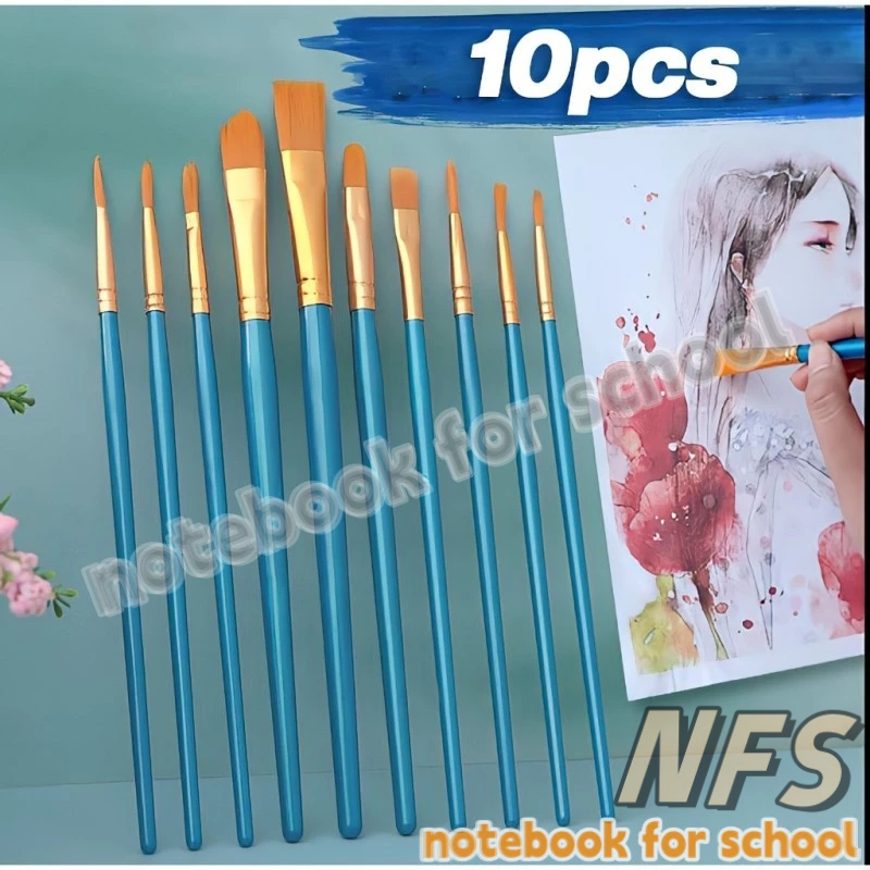 NFS 10PCS Plastic Handle Painting Brushes Nylon Paint Brush Watercolor ...