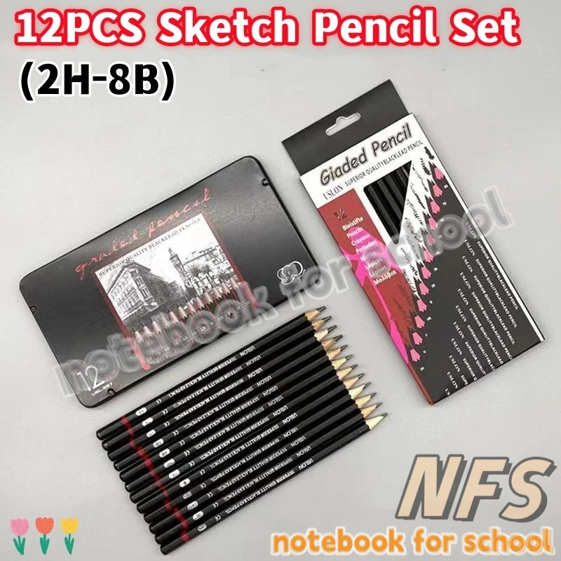 NFS 12PCS Metal Boxed Sketch Pencil Set Pencils Kit Drawing Sketching ...