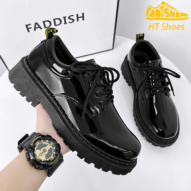 Black Shiny Leather Shoes English Style Business Formal Casual Leather ...