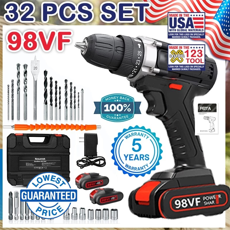 32 pcs set 998V Impact Drill Set Cordless Hand Drill Set Electric ...
