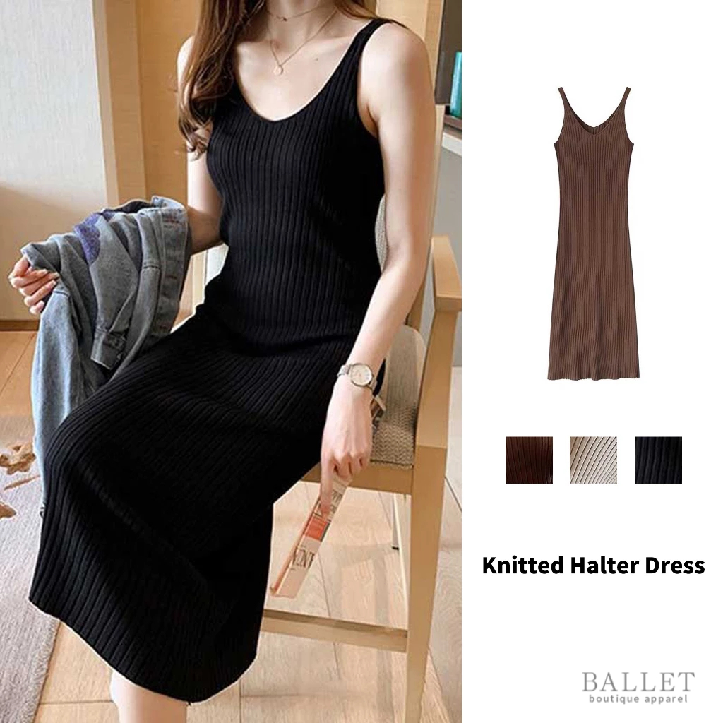 Sling Dress Spring and Summer Temperament Knitted Halter Dress Mid ...