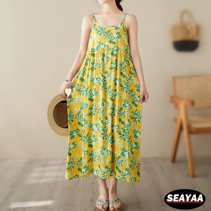 Sleeveless Printed Large Hem Long Dress Bohemian Style Dress Small ...