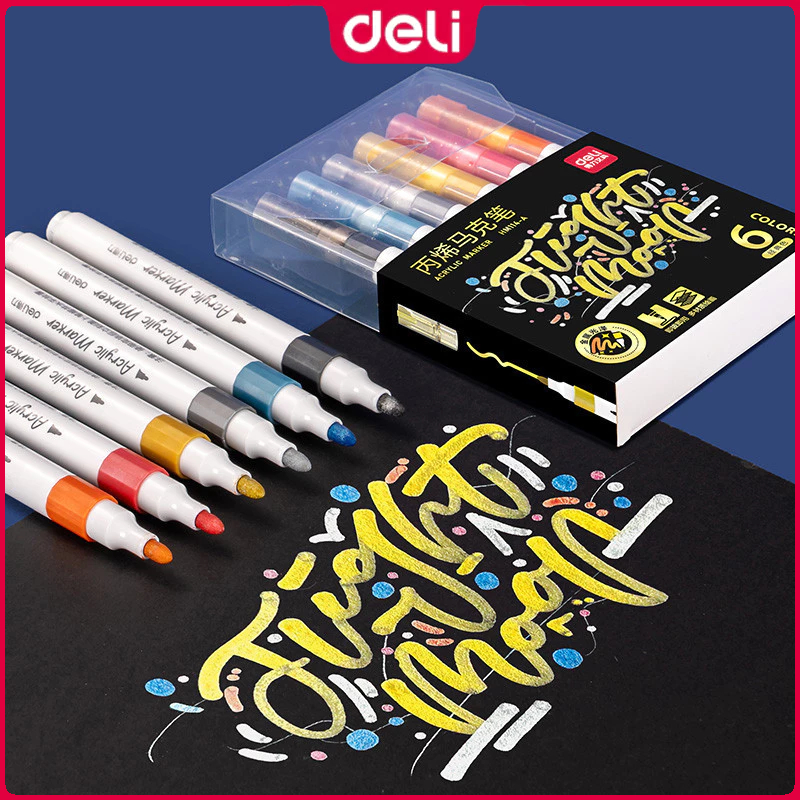 Deli 6Colors Highlighter Metallic Acrylic Marker Set Painting School ...