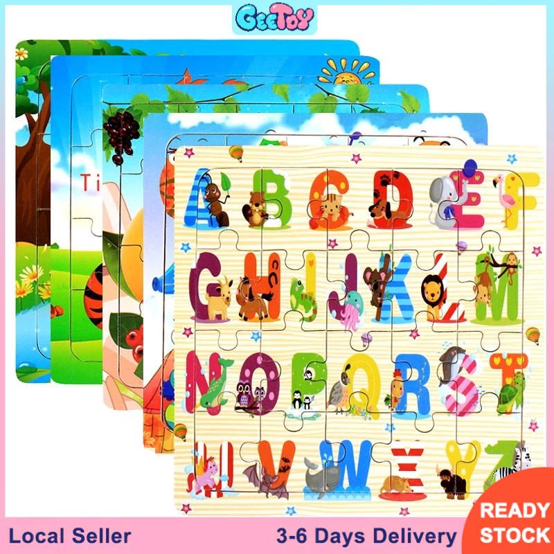 Geetoy 20pcs 3D Wooden Puzzle Cartoon Animal Number Alphabet Jigsaw ...