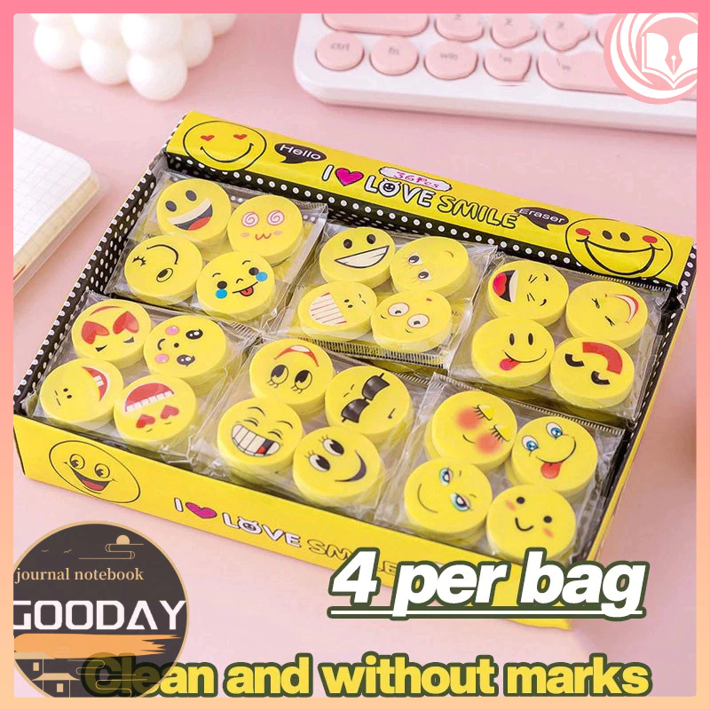 4PCS/Bag Cute Emoji Erasers Korean Style Kids Cartoon Yellow Eraser ...